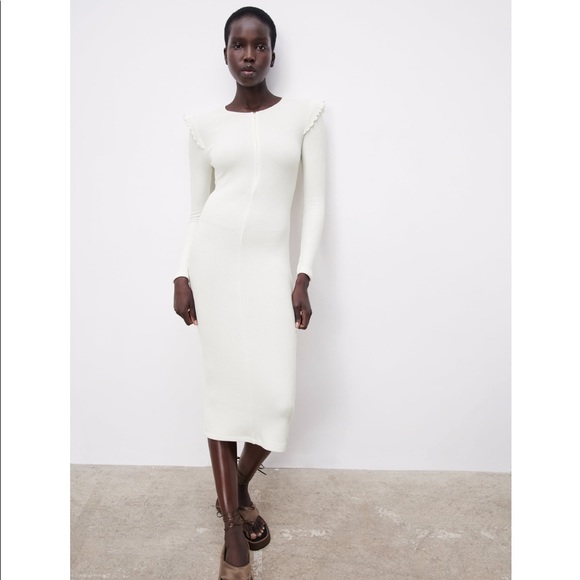 Zara | Dresses | Zara White Ribbed Dress With Ruffles | Poshmark